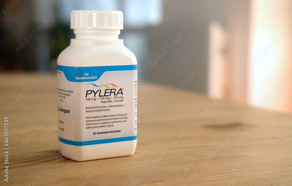 bottle of Pylera combination antibiotic medicine -used to treat stomach ...