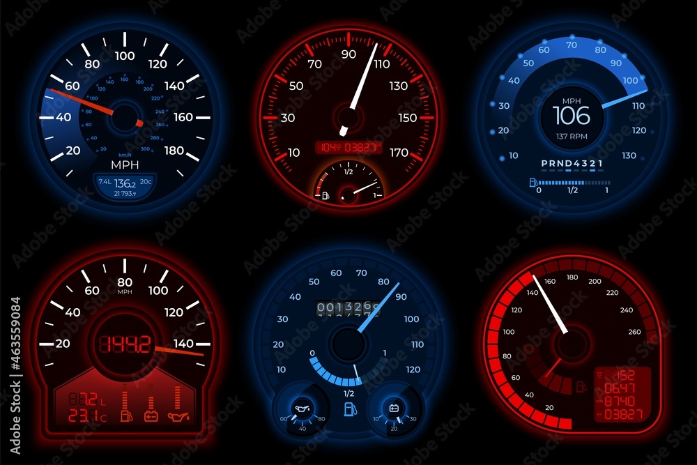 Car speedometers. Racing speedometer, speed scales in auto. Car ...