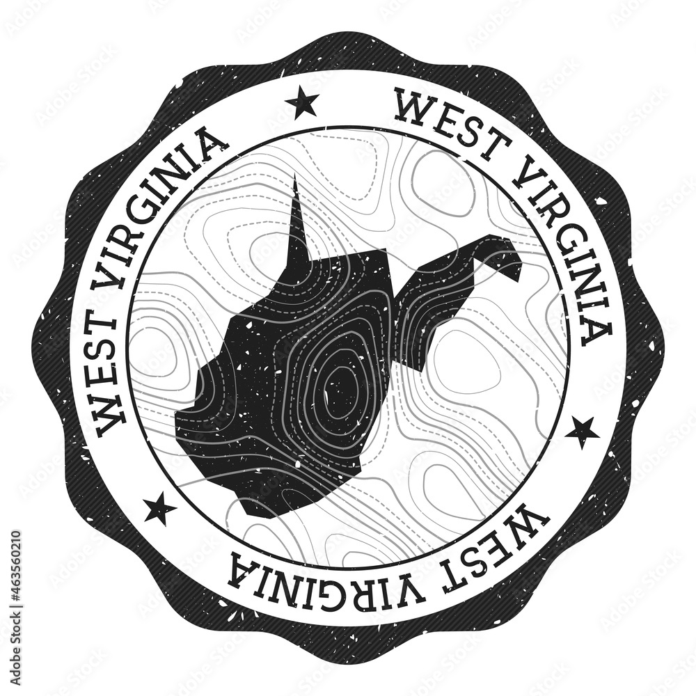 West Virginia outdoor stamp. Round sticker with map of us state with ...