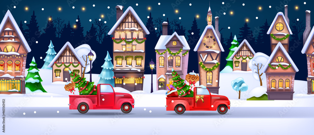 Christmas winter house landscape, vector x-mas holiday snow town ...