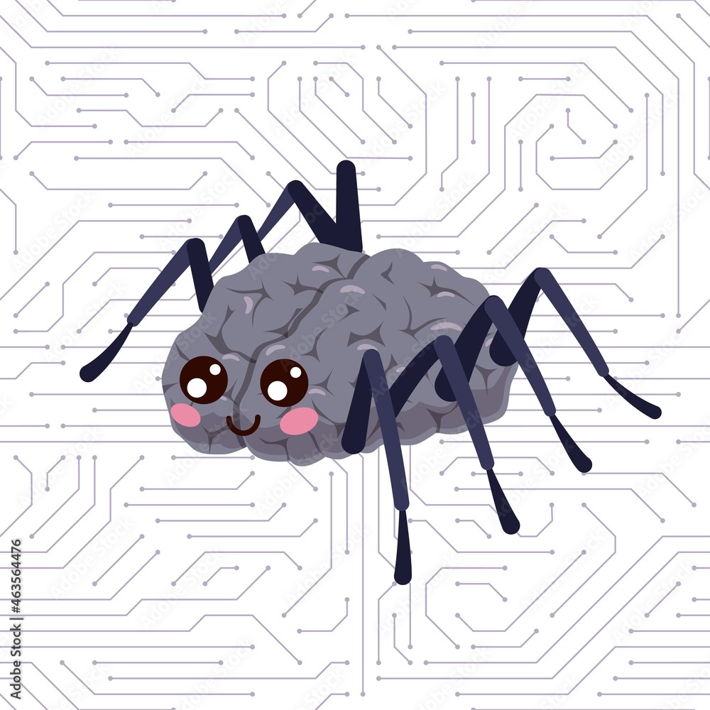 Spider brain. Mind organ with insect paws and smiling face. Hacker ...