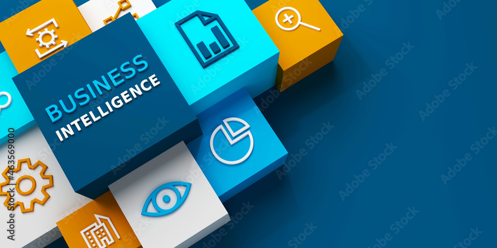 Wide perspective view of 3D render of BUSINESS INTELLIGENCE concept ...