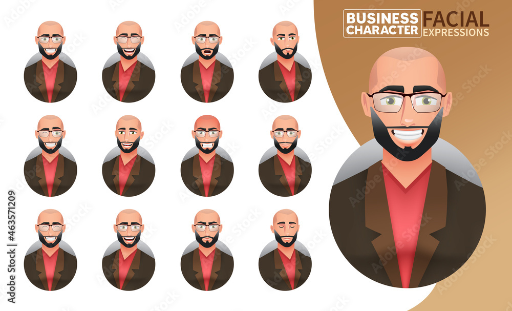Businessman facial expressions vector set. Business man bald boss ...