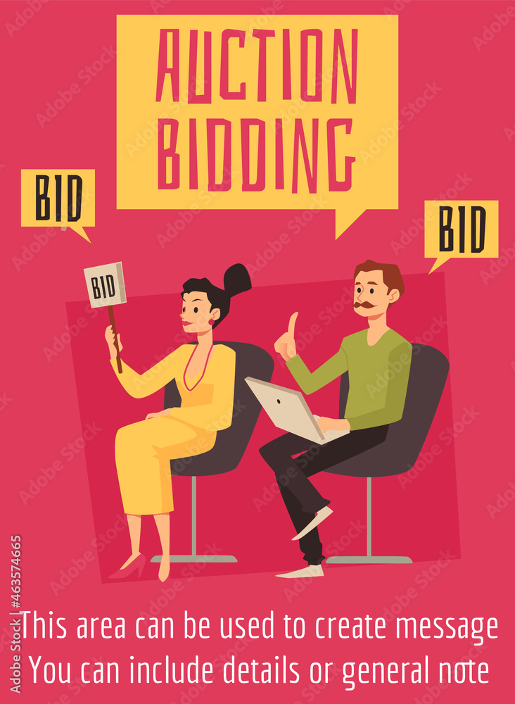 Auction bidding banner or poster with bidding people, flat vector ...