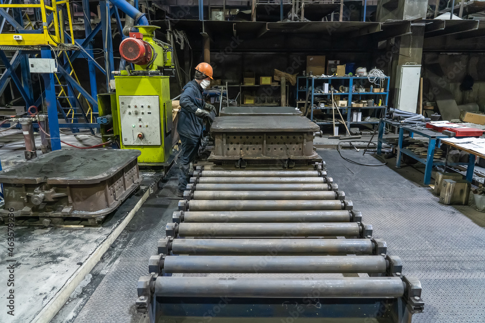Conveyor belt inside manufacturing metallurgical plant or factory ...