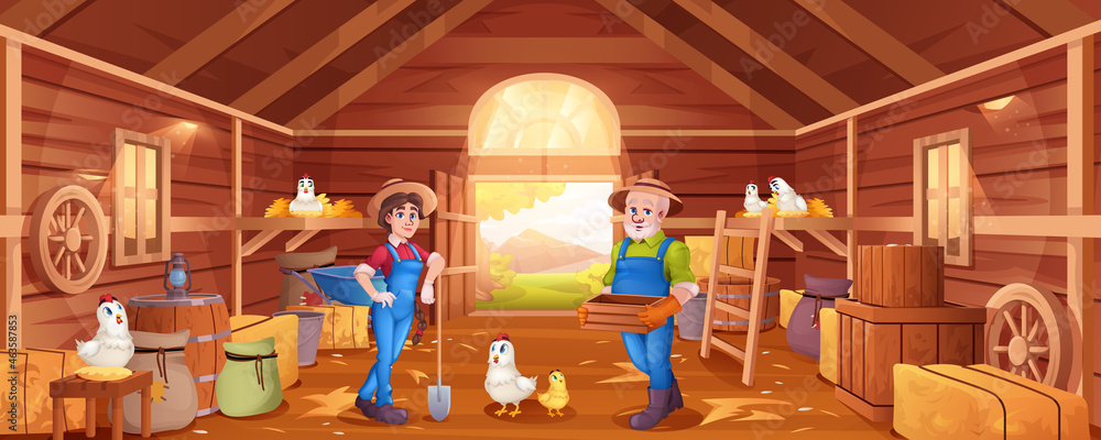 Cartoon wooden barn with farmers, haystacks,chickens and garden tools ...