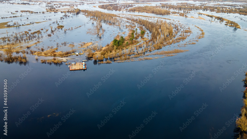 Aerial view of dredge replenish sand in river. Canal is being dredged ...
