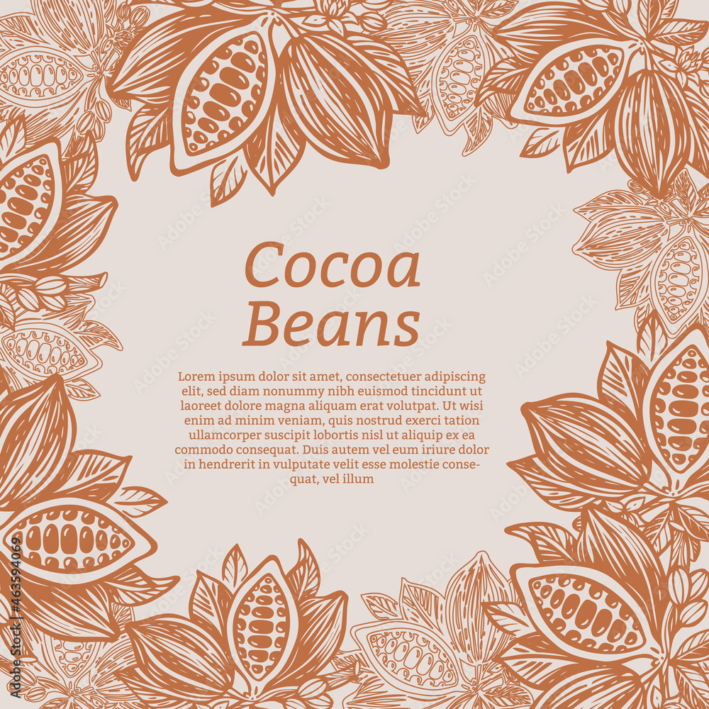 Design template for cocoa packaging. Cocoa beans and leaves. Vector ...