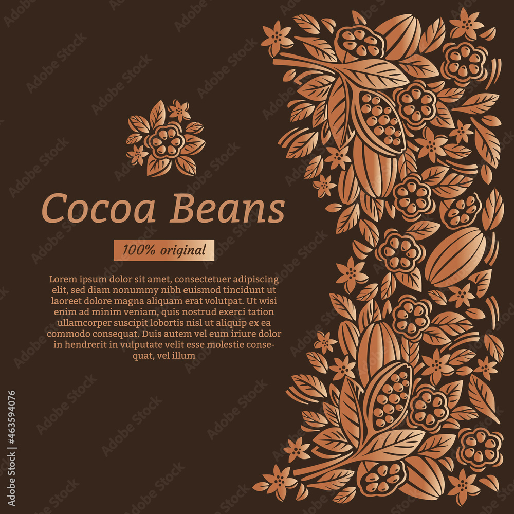Design template for cocoa packaging. Cocoa beans and leaves. Vector ...
