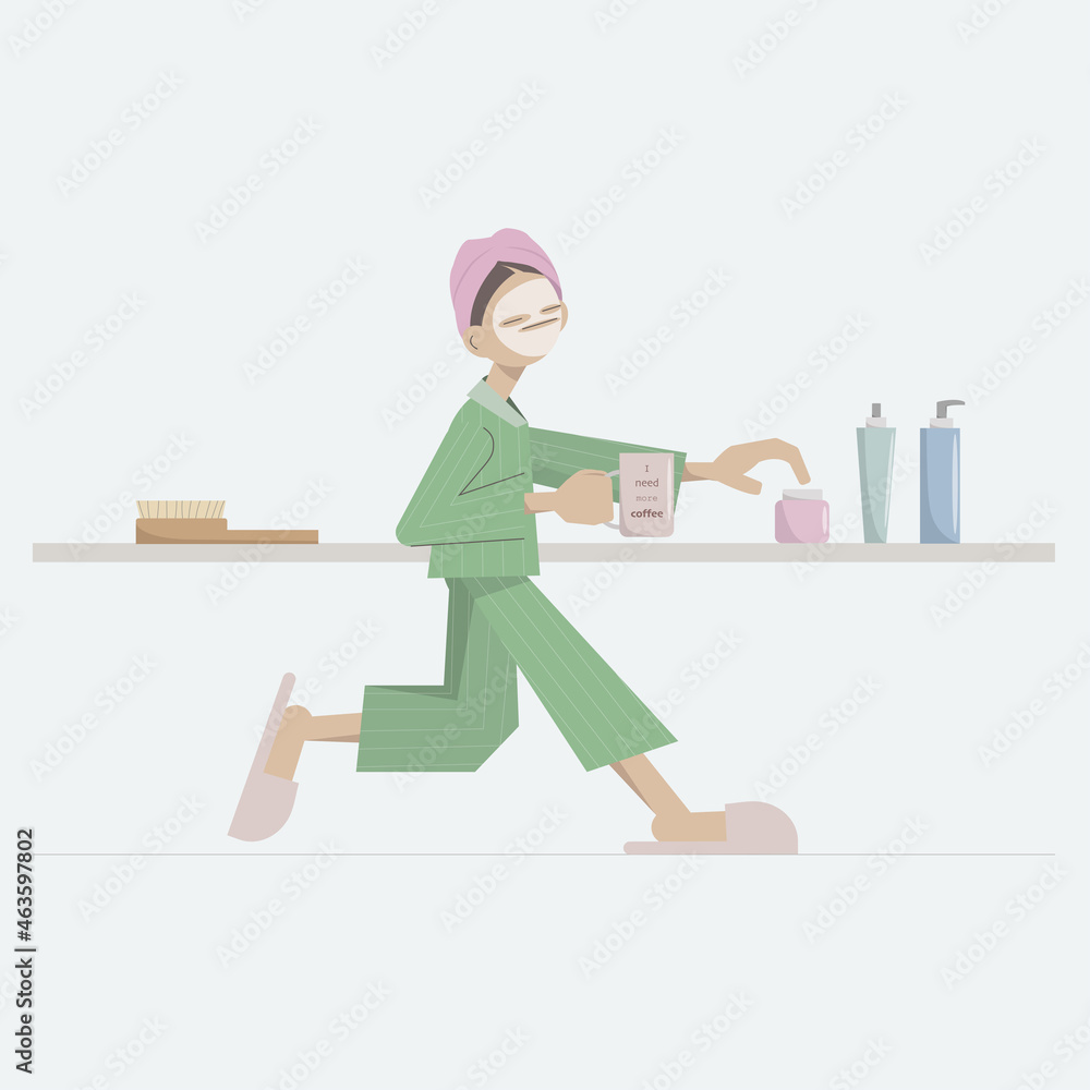 Vector illustration of cartoon young lady and various cosmetics. Face ...