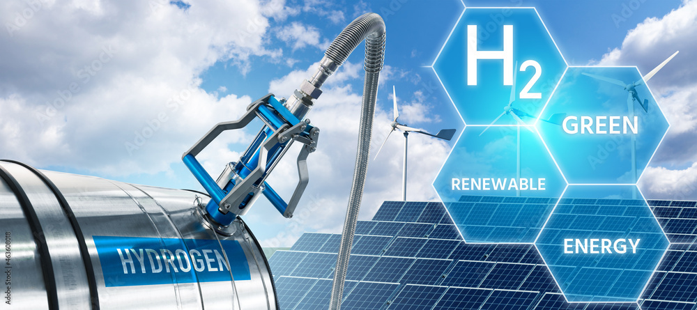 Hydrogen gas station with solar panels and wind turbines in the ...