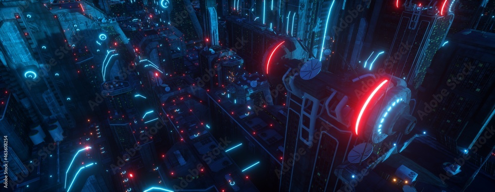 Aerial view on a futuristic city. Wallpaper in a cyberpunk style ...