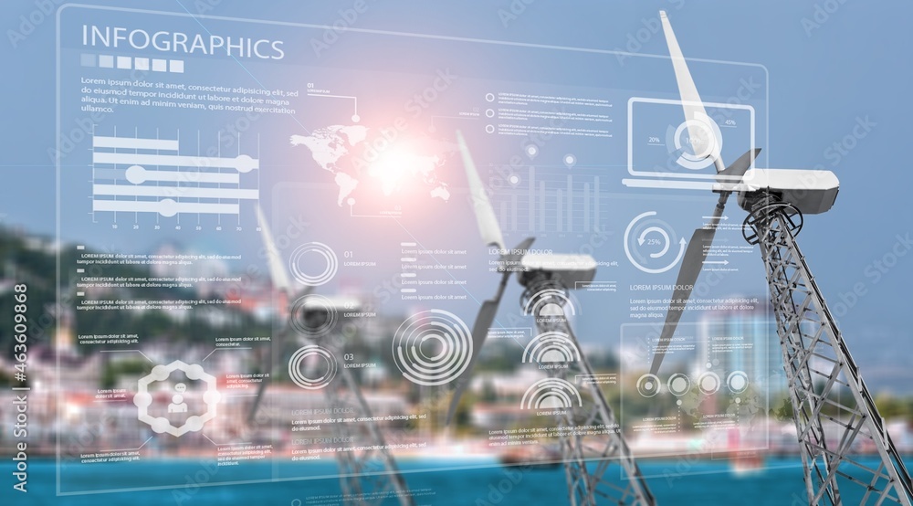 Wind power plant and technology. Smart grid. Sustainable resources ...