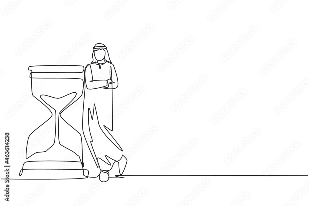 Vetor de Continuous one line drawing Arab businessman lean on huge ...