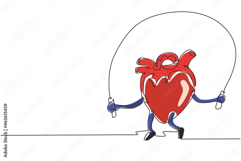 Single one line drawing cute funny heart organ make gym with jump rope ...