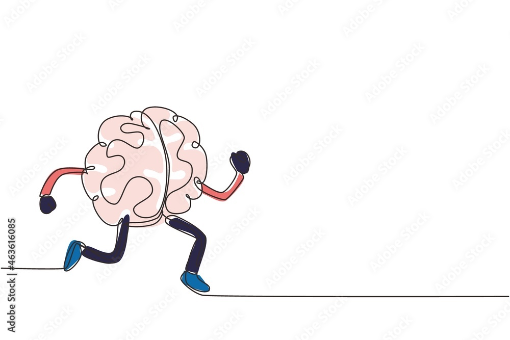 Single continuous line drawing brain running with shoes cartoon ...
