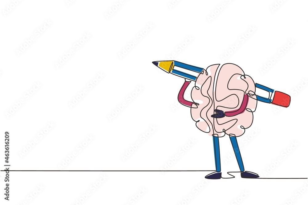 Continuous one line drawing brainy student human brain character with ...