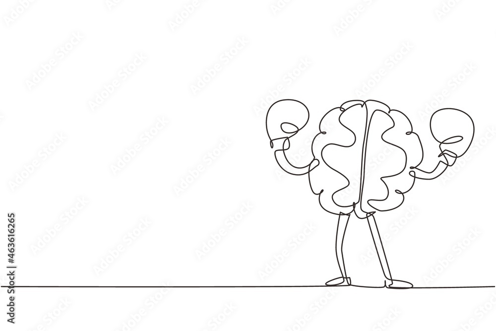 Continuous one line drawing brain with boxing gloves celebrating ...