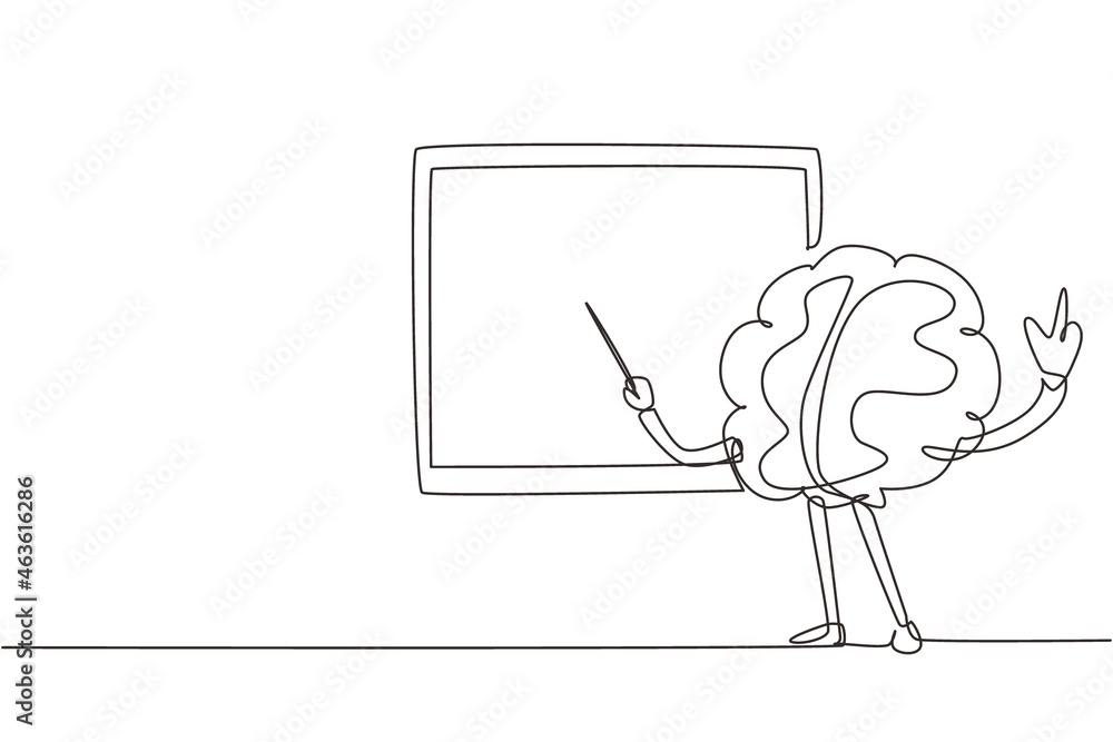 Continuous one line drawing smart brain mascot cartoon character ...