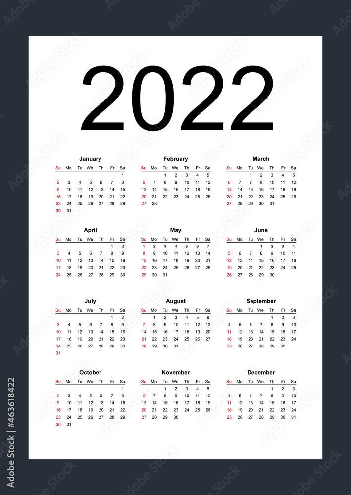 Simple editable vector calendar for year 2022. Week starts from Sunday ...