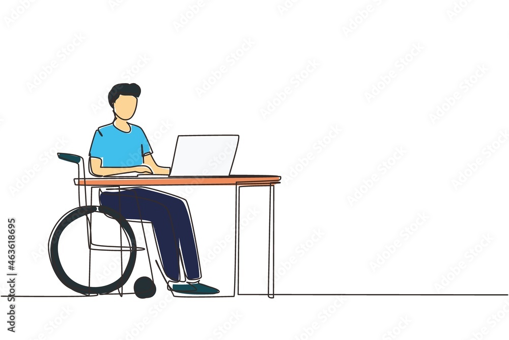 Continuous one line drawing young man uses wheelchair and working with ...