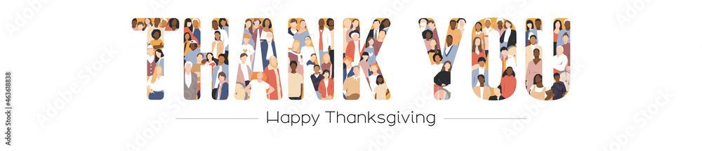 Happy Thanksgiving card. Multicultural group. Thank you lettering. Flat ...