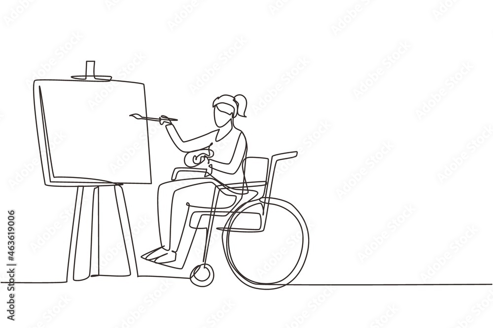 Single one line drawing disabled woman in wheelchair painting landscape ...