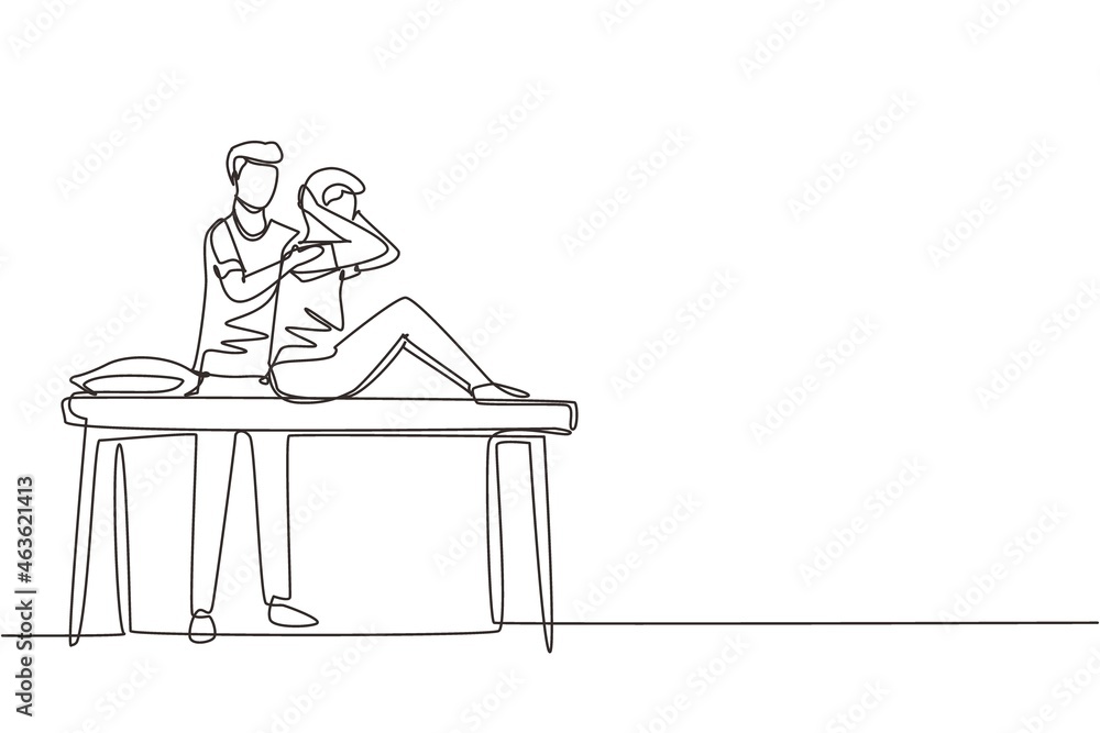 Single one line drawing man sitting on massage table masseur doing ...