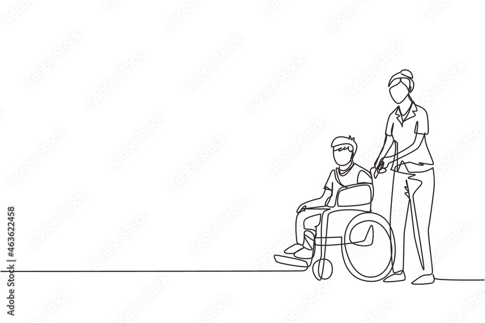 Single one line drawing disabled boy with broken hand, leg riding ...