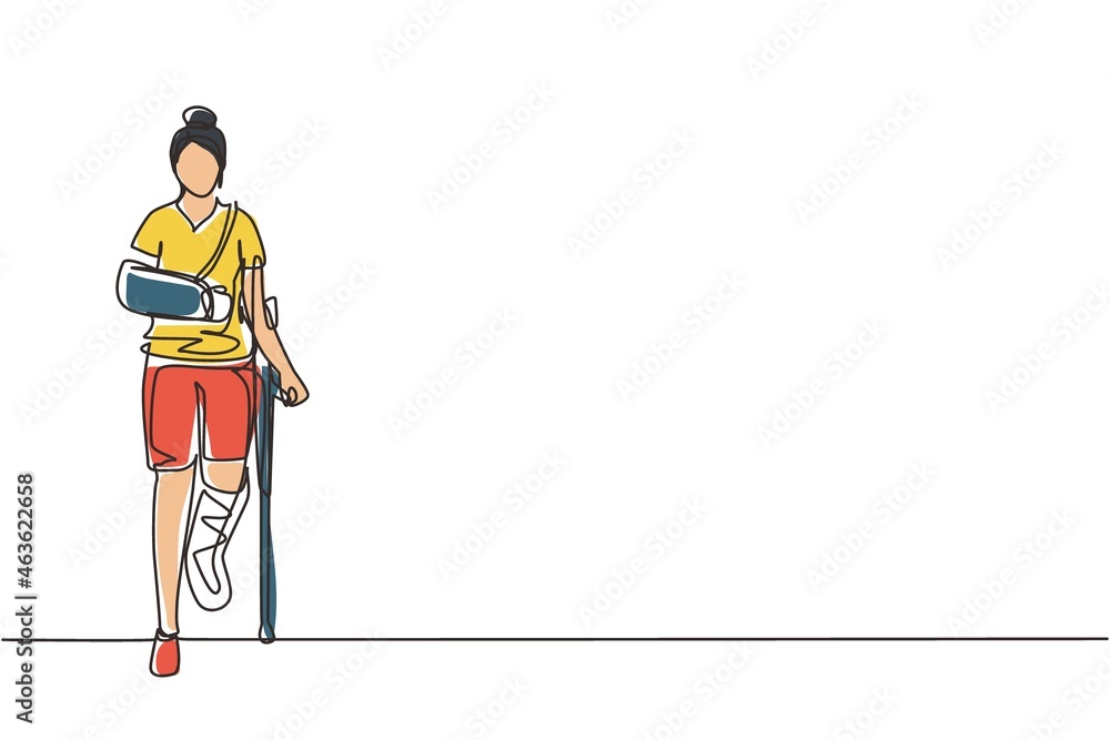 Single continuous line drawing injured woman having head bandage ...