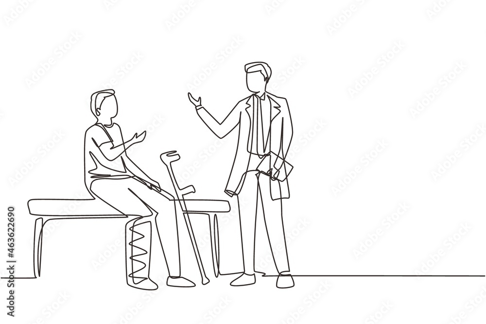 Continuous one line drawing leg fracture patient. Medical doctor ...