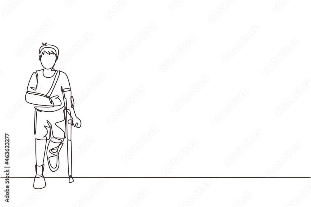 Single continuous line drawing sad injured boy with broken arm and leg ...