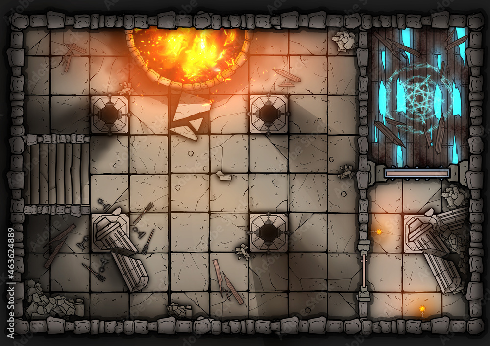 A game map with a dungeon, a view from above, several rooms on it, a ...