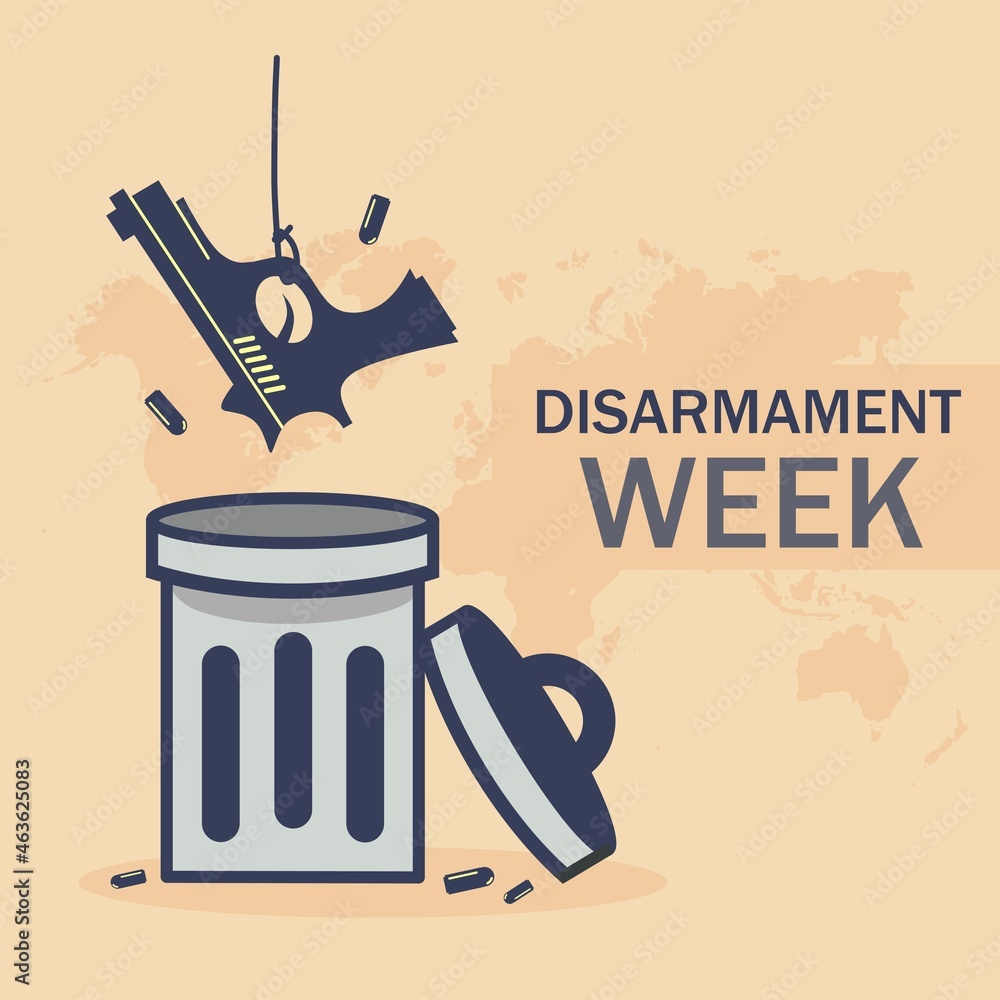 Gun and bullet that fall into a trash can with a world map illustration ...