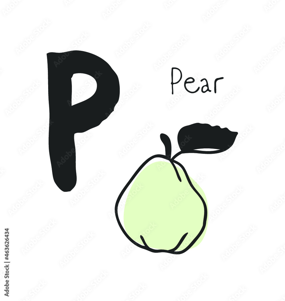Hand drawn set of Pear and letter. Vector artistic drawing fruit and ...