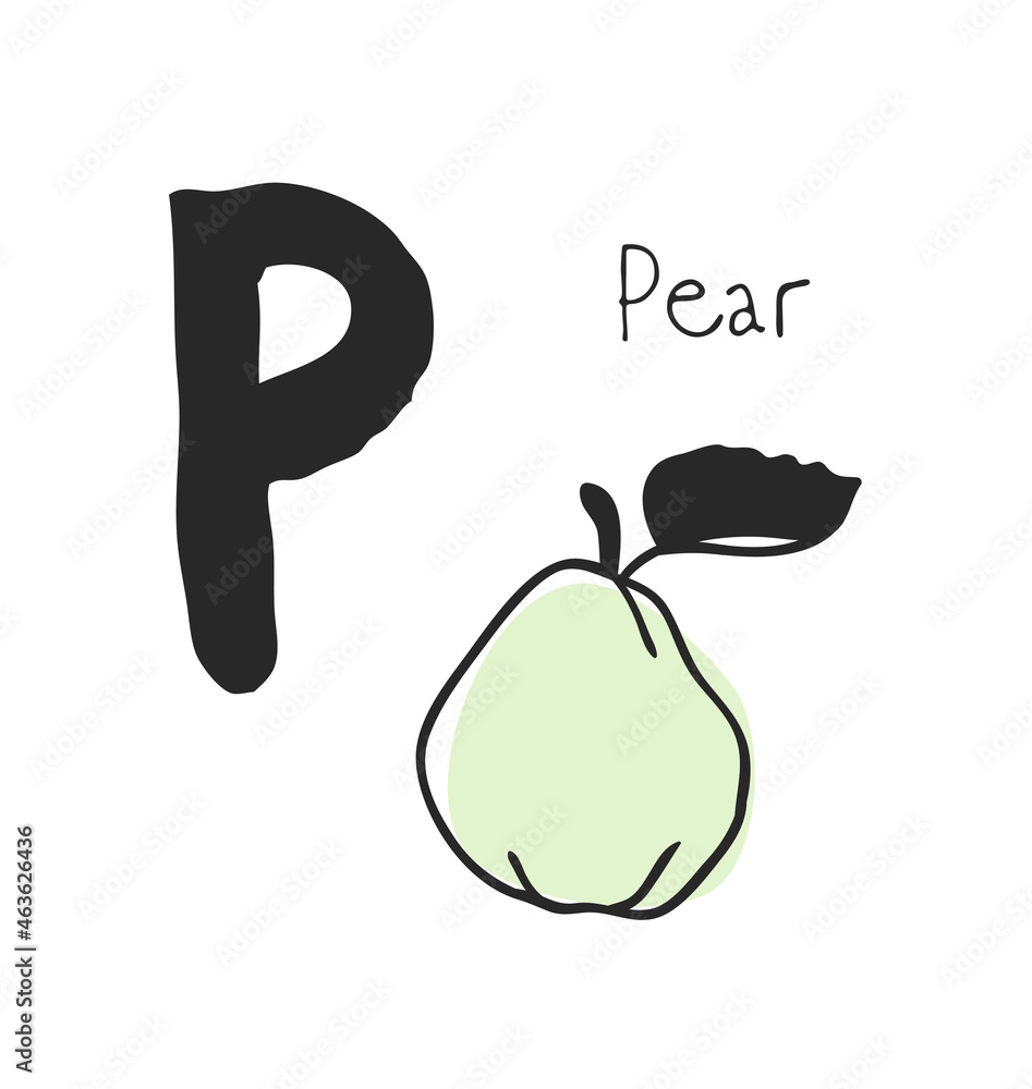 Hand drawn set of Pear and letter. Vector artistic drawing fruit and ...