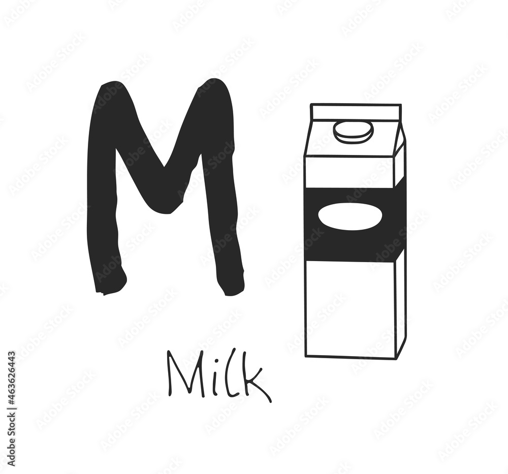 Hand drawn set of Milk and letter. Vector artistic drawing drink and ...