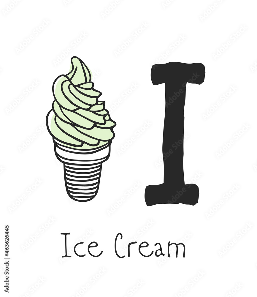 Hand drawn set of Ice Cream and letter. Vector artistic drawing food ...