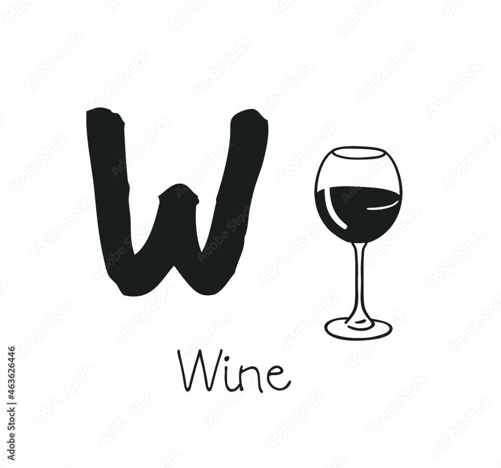 Hand drawn set of Wine and letter. Vector artistic drawing Alcohol ...
