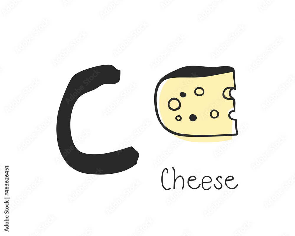 Hand drawn set of Cheese and letter. Vector artistic drawing food and ...