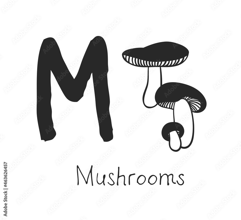 Hand drawn set of Mushrooms and letter. Vector artistic drawing food ...
