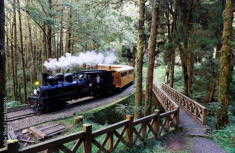 A tourist train, hauled by an antique steam locomotive, travels thru a ...