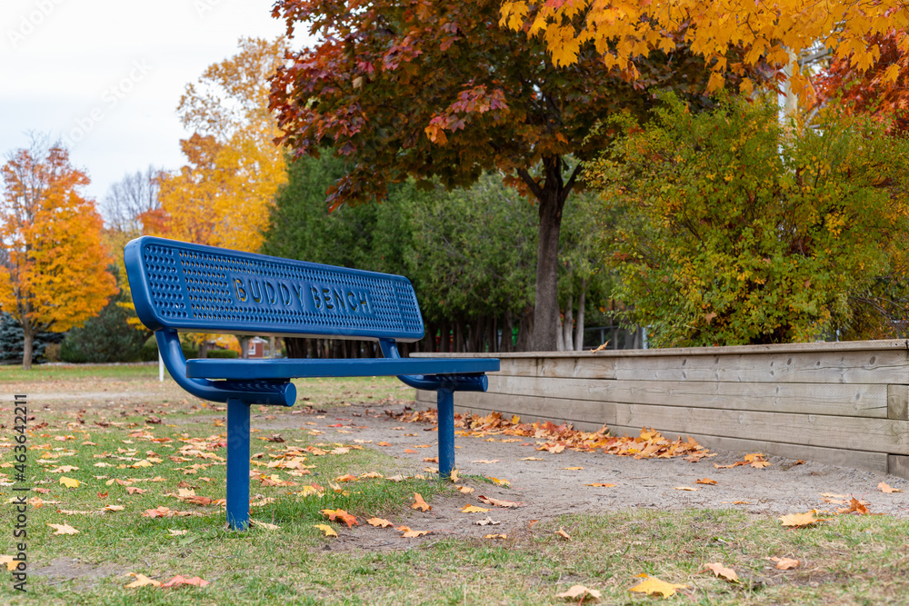 Blue buddy bench in local public park near school in fall. Autumn trees ...