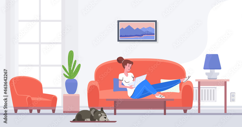 Girl lying on sofa of cozy home living room interior vector ...