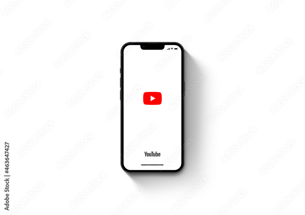 Youtube app on iPhone 13 Pro smartphone screen on white background. Rio ...