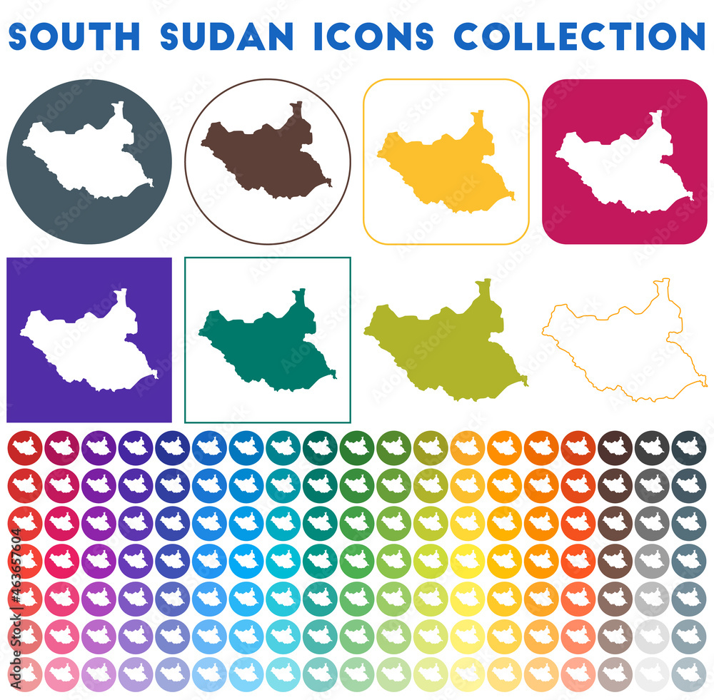South Sudan icons collection. Bright colourful trendy map icons. Modern ...