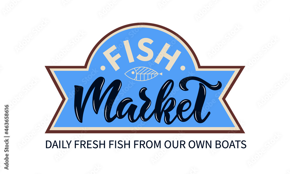 Fish Market logotype with handwritten text and fish isolated on white ...