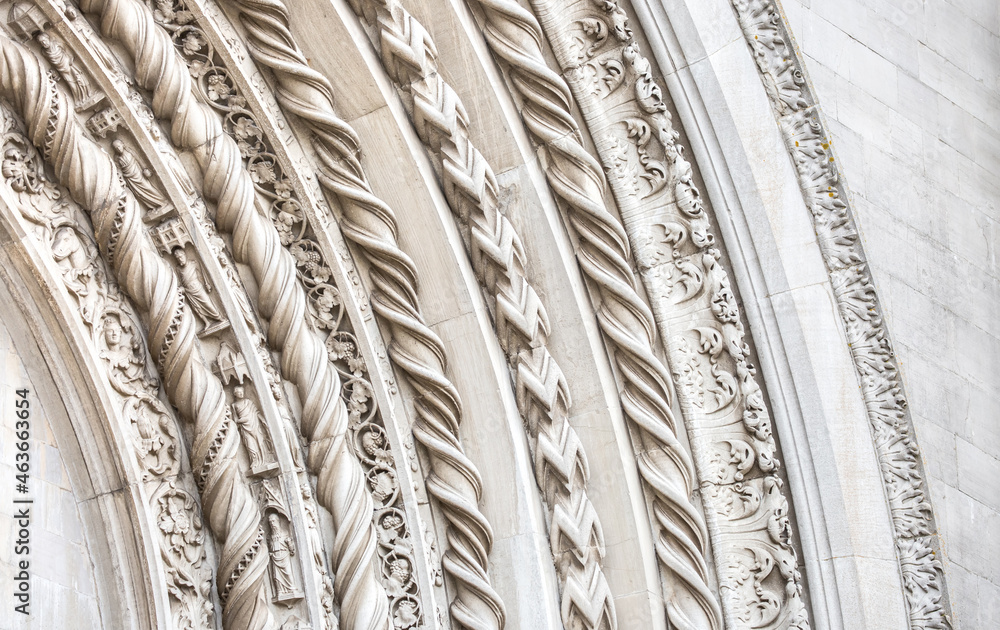 Statue patterns on the facade of a medieval sign in Italy. Monument of ...