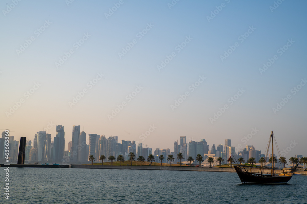 Doha, Qatar Traditional boats called dhows dock at the port Stock Photo ...
