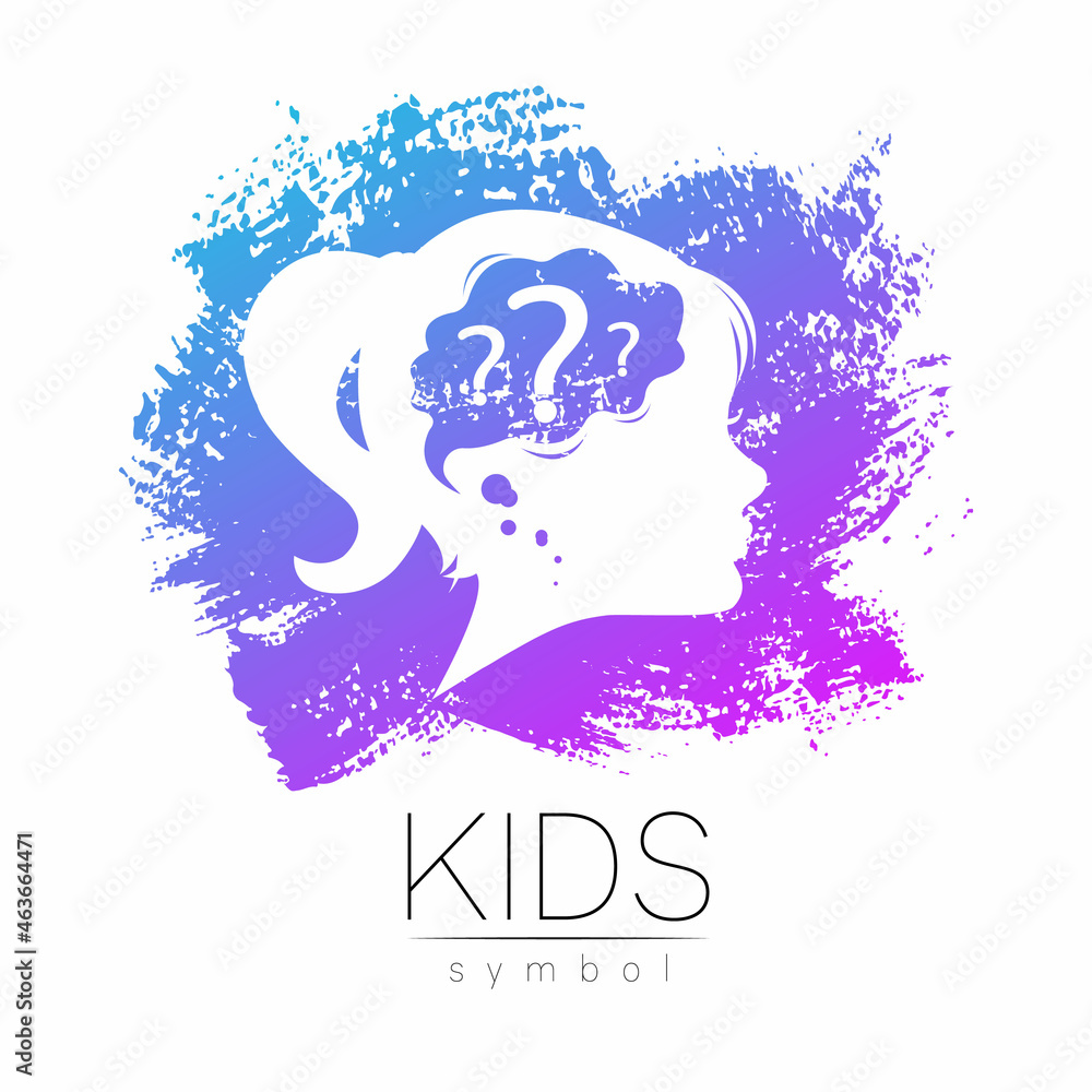 Modern logotype Kid Girl head with question inside brain . Logo Child ...